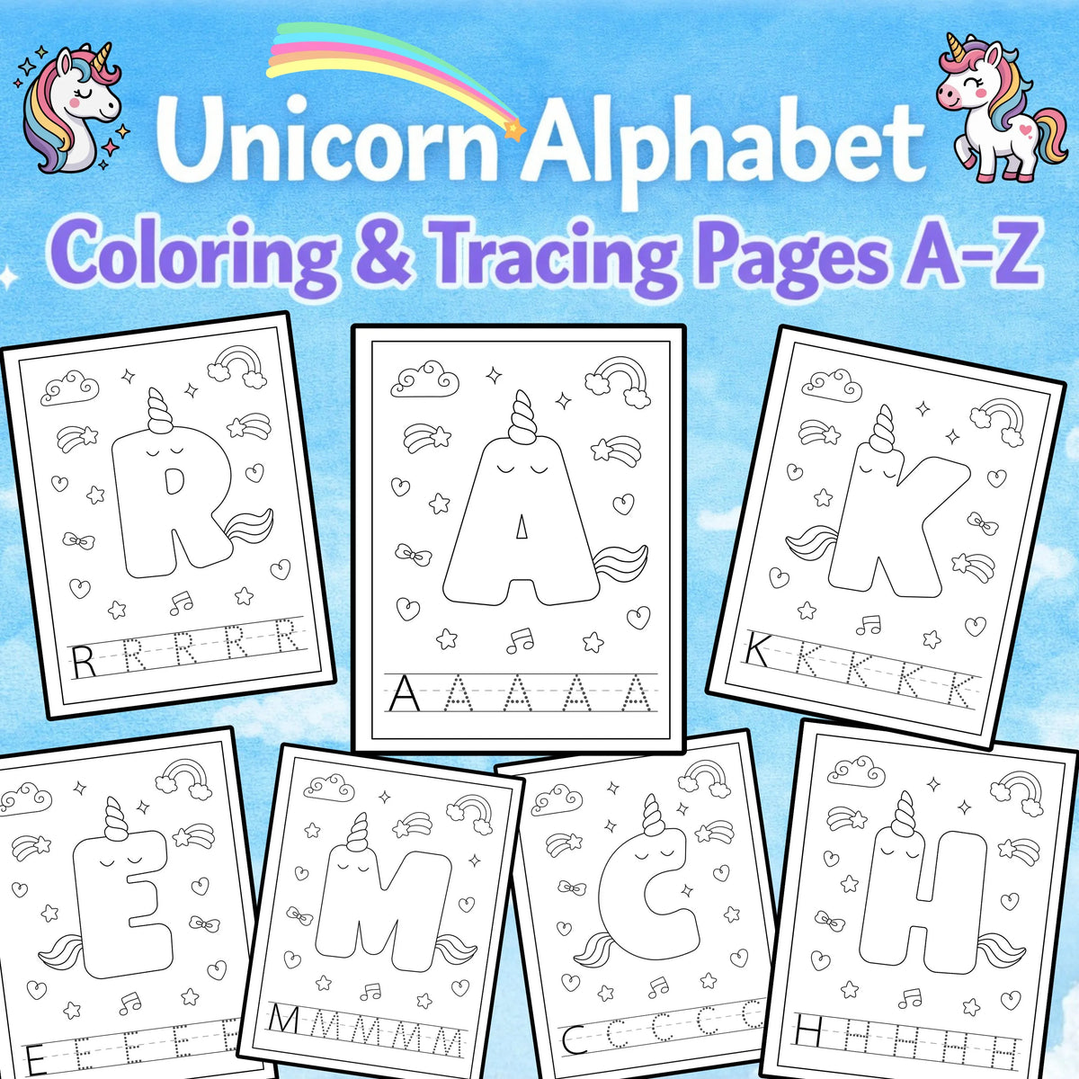 Unicorn Alphabet Coloring & Tracing Pages A–Z | Printable ABC Workshee ...